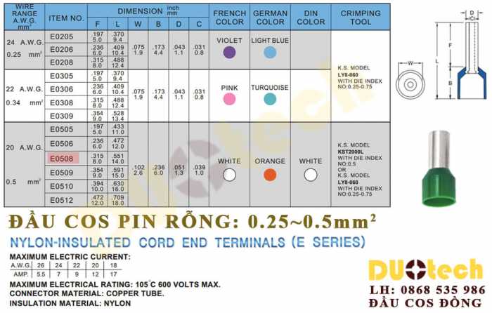 Cosse pin rỗng nhựa 0.5mm E0508-ORANGE kst E TE dây tín hiệu
