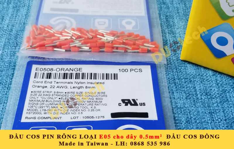 Cosse pin rỗng nhựa 0.5mm E0508-ORANGE kst E TE dây tín hiệu