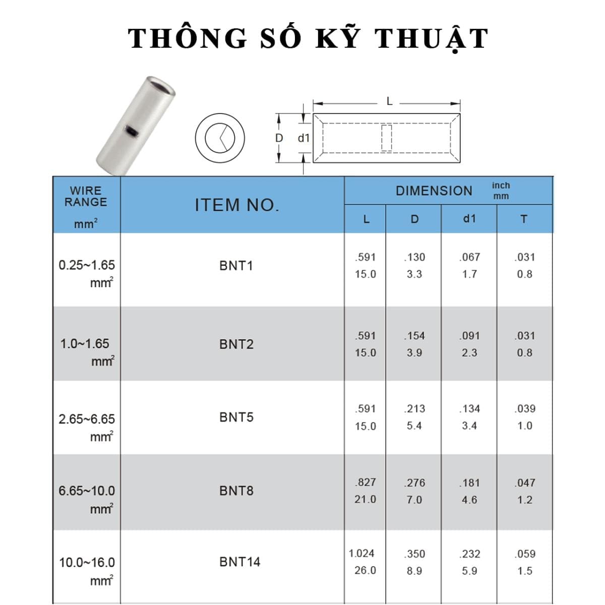 Đầu cos nối dây điện Nichifu KST JST DST thẳng trần B BNT
