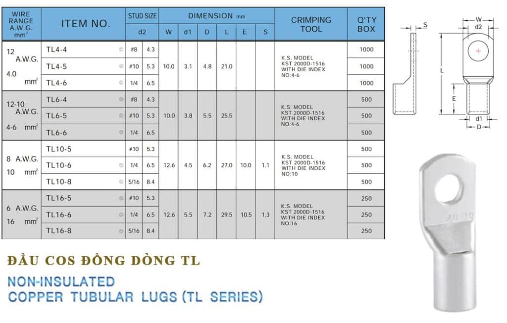Đầu cosse đồng 10mm TL10-6 Đài Loan cho dây điện 10mm2