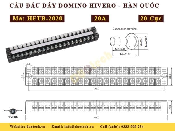 Domino Hivero HFTB-2020 20A Cầu Đấu Dây Điện khối 20 cực