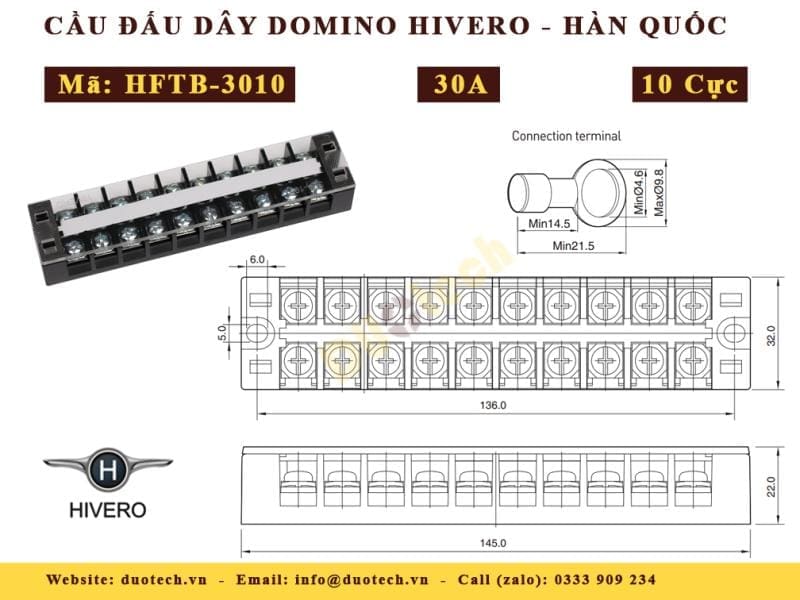 Cầu đấu Hivero HFTB-3010 30A Domino khối 30A 10 Cực 10P