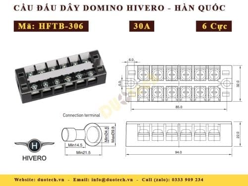 Cầu đấu Hivero HFTB-306 30A Domino khối 30A 6 Cực 6P