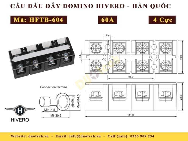Domino Hivero HFTB-604 60A cầu đấu khối 60A 4 cực Hàn Quốc