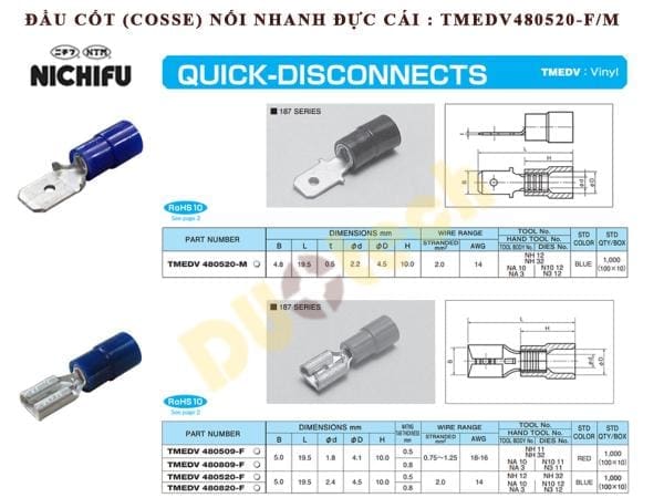 Đầu cos đực cái PC4009 Nichifu - Cos nối nhanh dạn đầu đạn