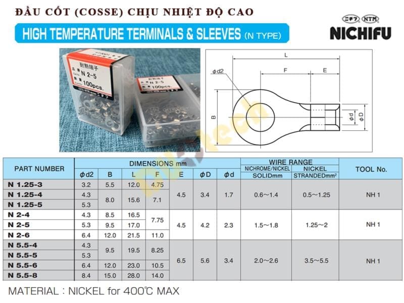 Đầu cosse Nickel Nichifu N2-4 N2-5 N2-6 chịu nhiệt độ cao 400 độ