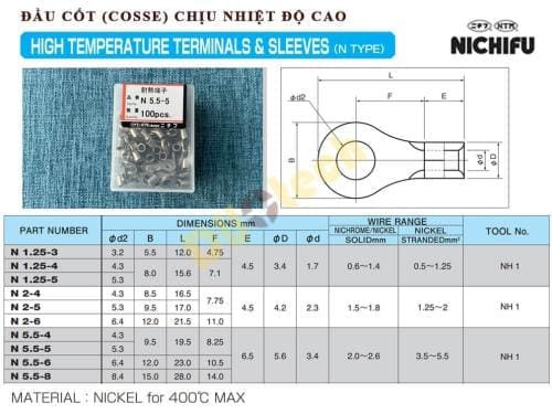 Đầu cos chịu nhiệt Nichifu N5.5-4 N5.5-5 N5.5-6 Nickel 400 độ C