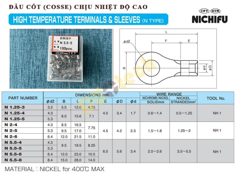Đầu cos chịu nhiệt Nichifu N5.5-4 N5.5-5 N5.5-6 Nickel 400 độ C