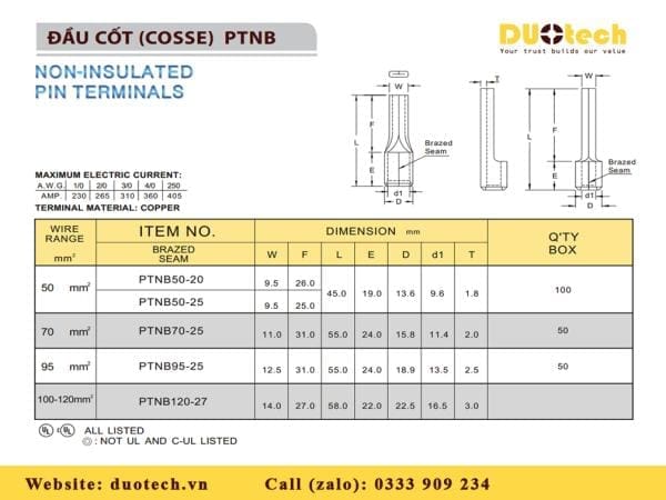 Đầu cosse pin đặc trần PTNB50-20 cho dây 50mm2 - DUOTECH