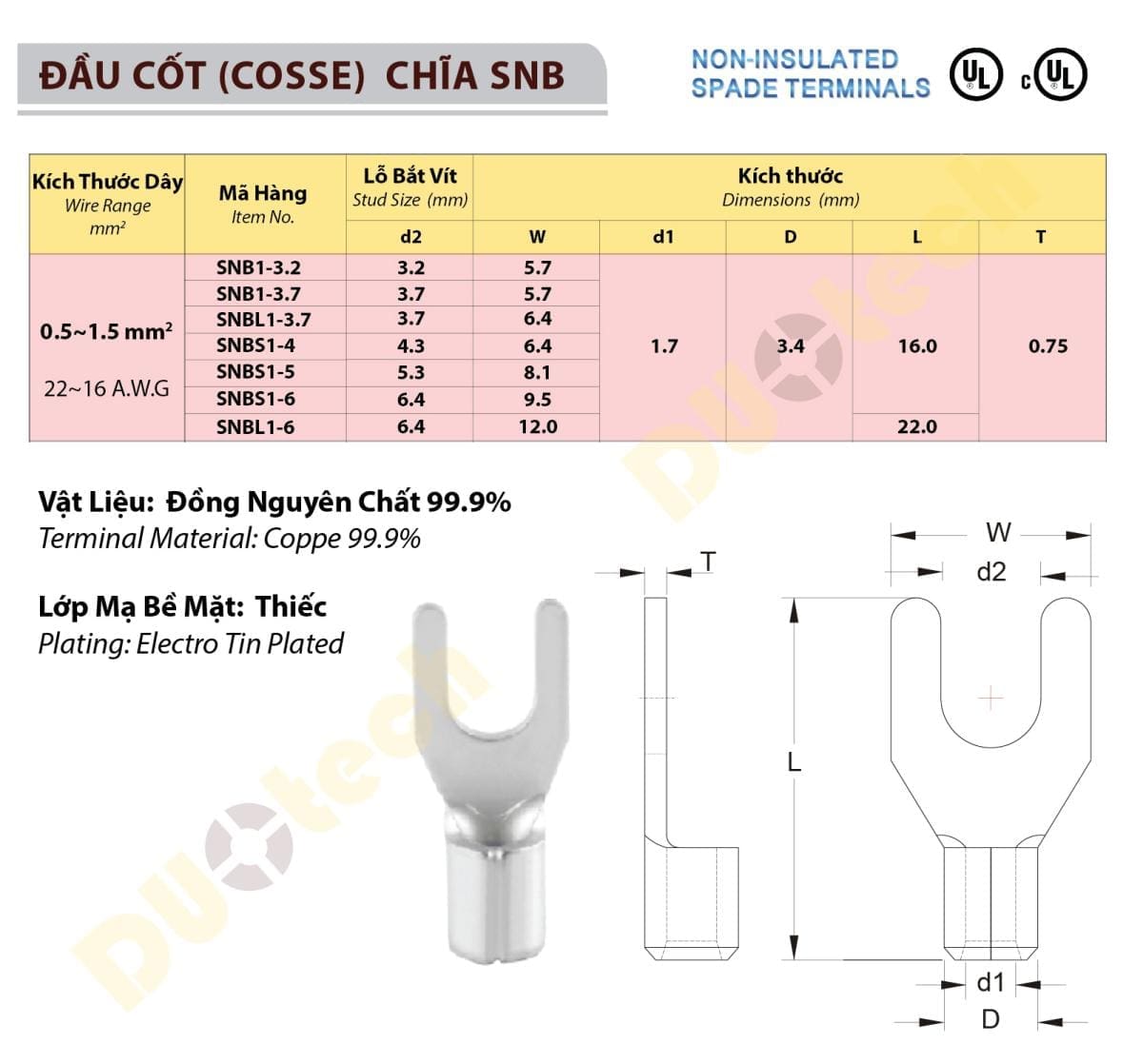 Đầu cos chữ Y trần SNBS1-3.7 Đầu cos Y càng cua SNBS1-3.7