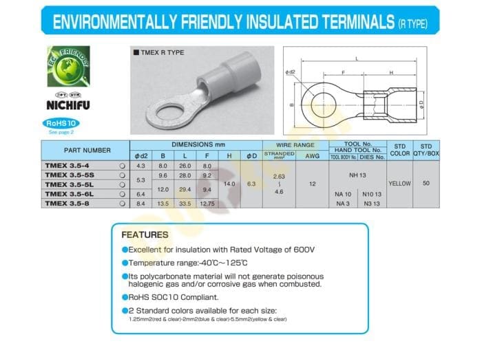 Đầu cos tròn bọc nhựa Nichifu TMEX thông dụng TMEX1.25-4