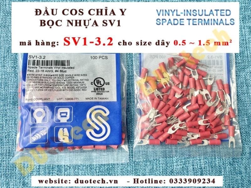 Đầu cos chỉa 0.5-1.5mm2 bọc nhựa Đầu cosse SV1-3.2 SVS1-3.7