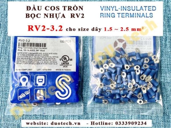 Đầu cos tròn RV2 bọc nhựa 1.5-2.5mm RV2-3.2 RVS2-3.7 RVS2-4