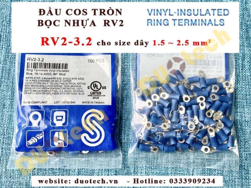 Đầu cos tròn RV2 bọc nhựa 1.5-2.5mm RV2-3.2 RVS2-3.7 RVS2-4