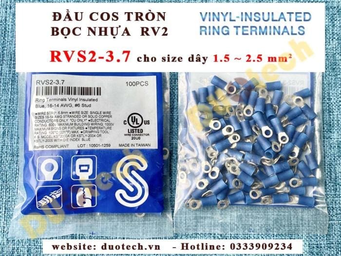 Đầu cos tròn RV2 bọc nhựa 1.5-2.5mm RV2-3.2 RVS2-3.7 RVS2-4