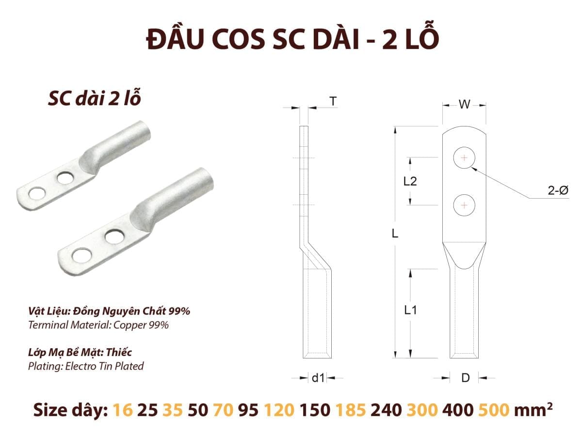 Đầu cos đồng ống bít 95mm2 đuôi dài 2 lỗ SC 95-10 95-12 95-14