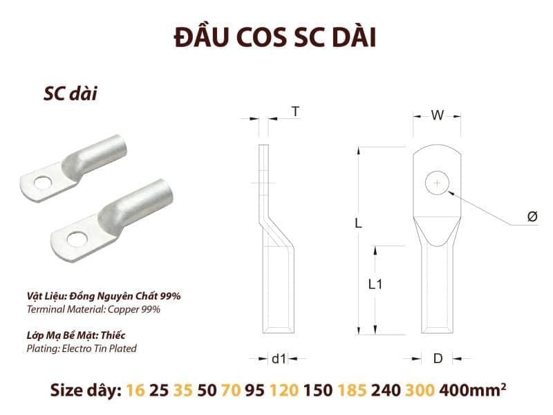 Đầu cos SC dài loại dày 16 25 35 50 70 95 120 150 185 240 mm2