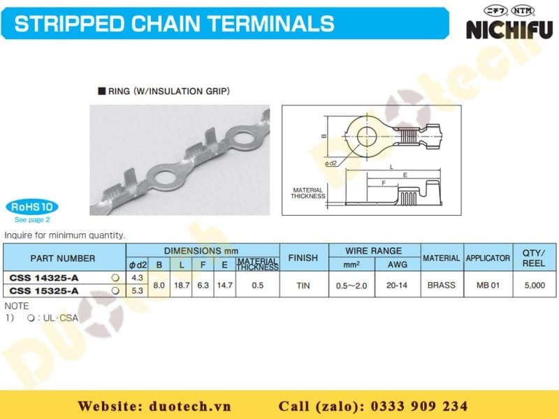 Đầu cos CSS Nichifu stripped chain terminals dạng cuộn DUOtech