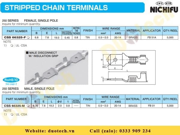 Đầu cos CSS Nichifu stripped chain terminals dạng cuộn DUOtech