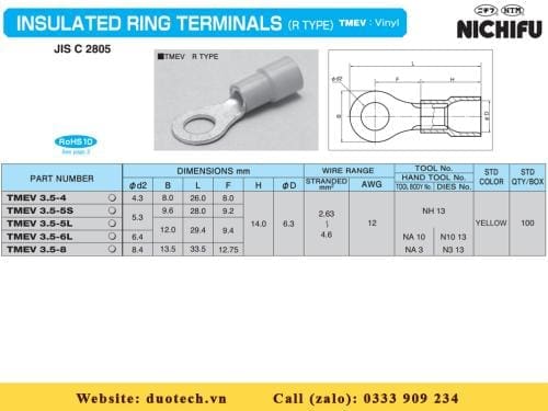 Đầu cos TMEV Nichifu có bọc nhựa cứng R Y TC BT - DUOTECH
