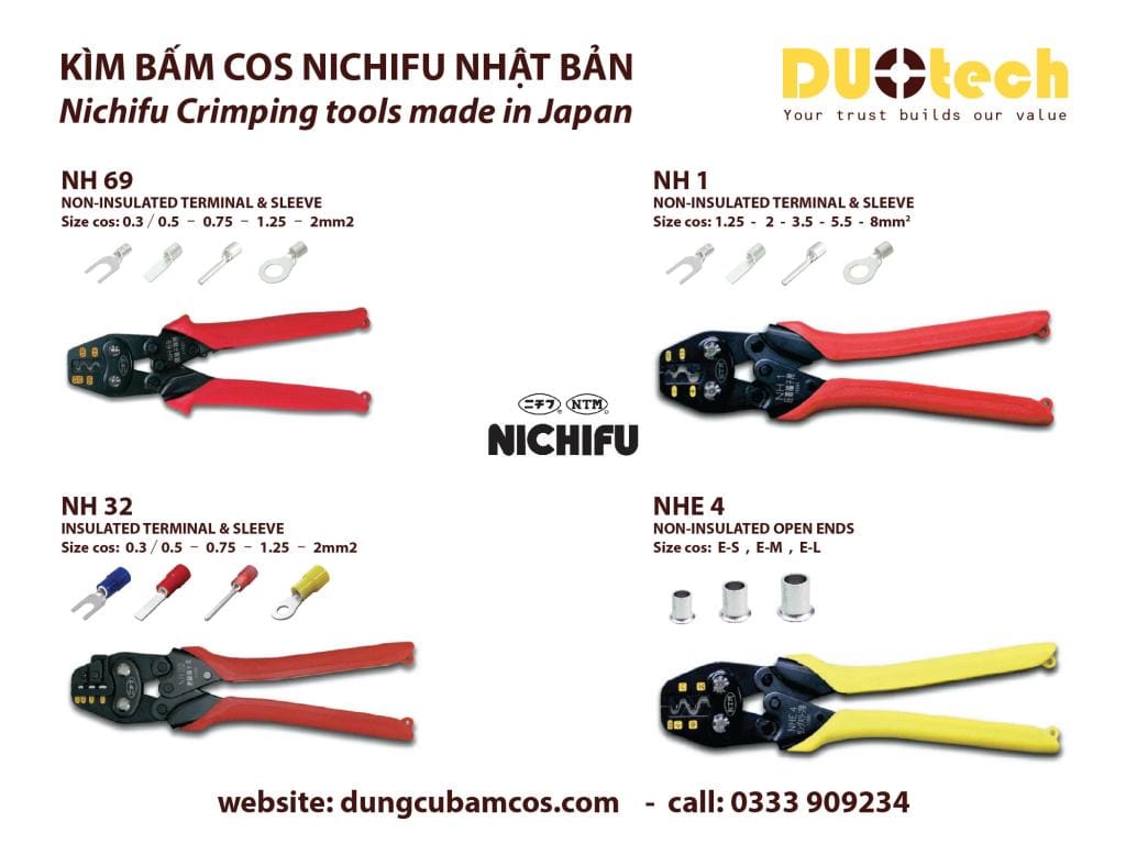 Kìm bấm cos NHE 4 Nichifu Nhật Bản đầu cốt nối trần E-S E-M E-L