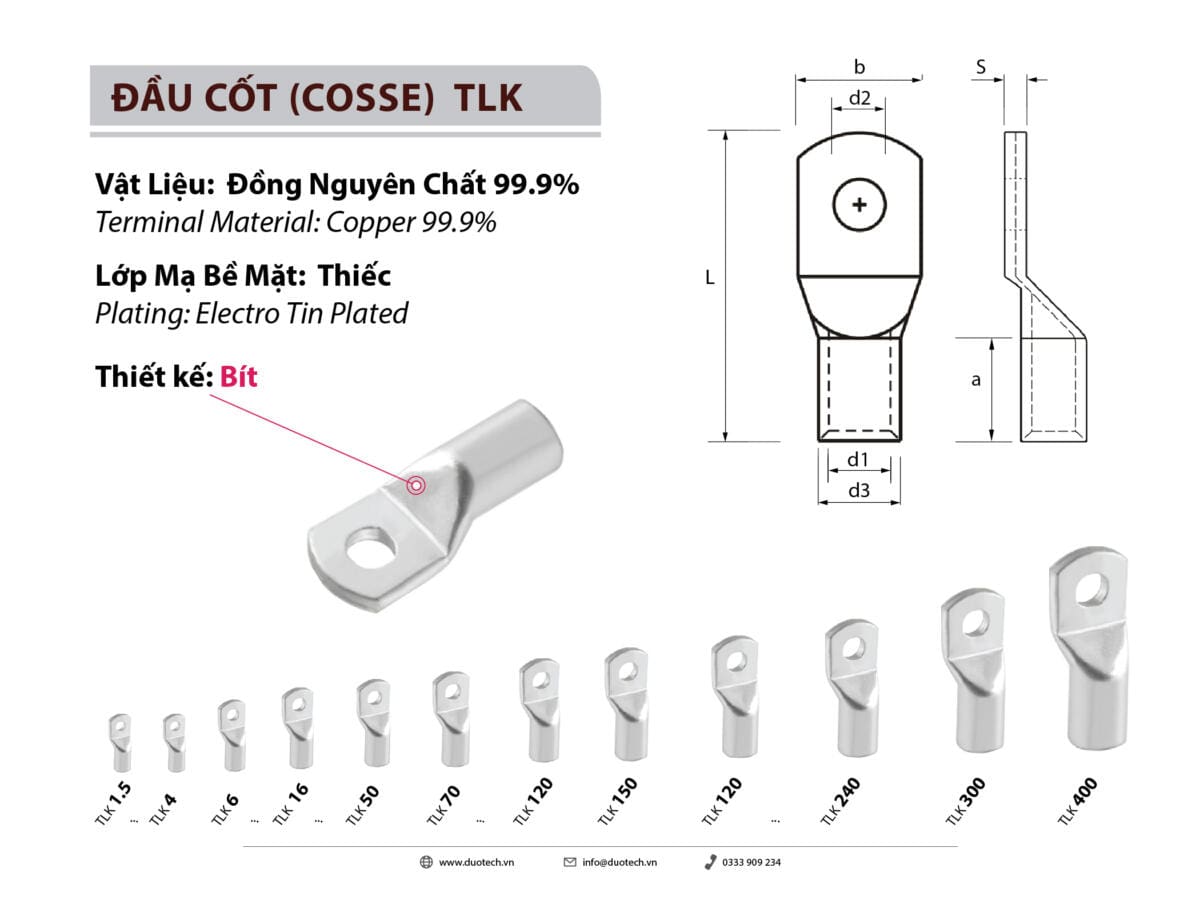 Đầu cos bít 240 TLK ống cốt bấm nối dây điện 240mm -10 -12 -14