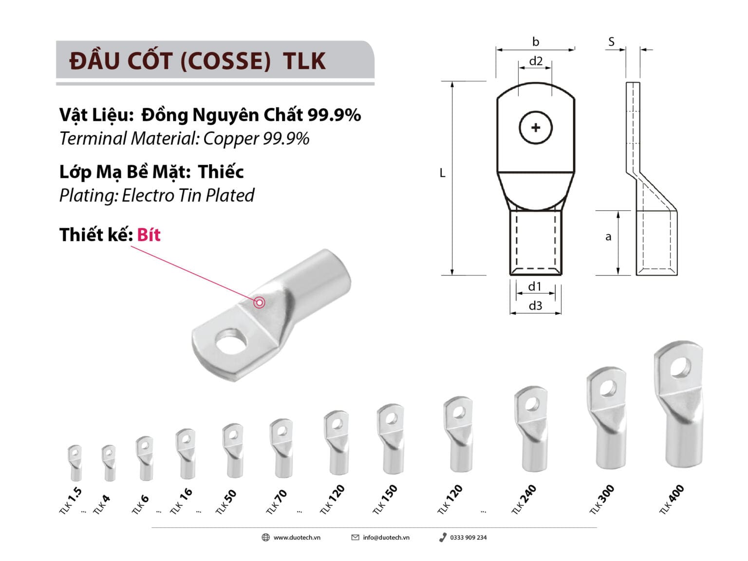 Đầu cos bít 240 TLK ống cốt bấm nối dây điện 240mm -10 -12 -14