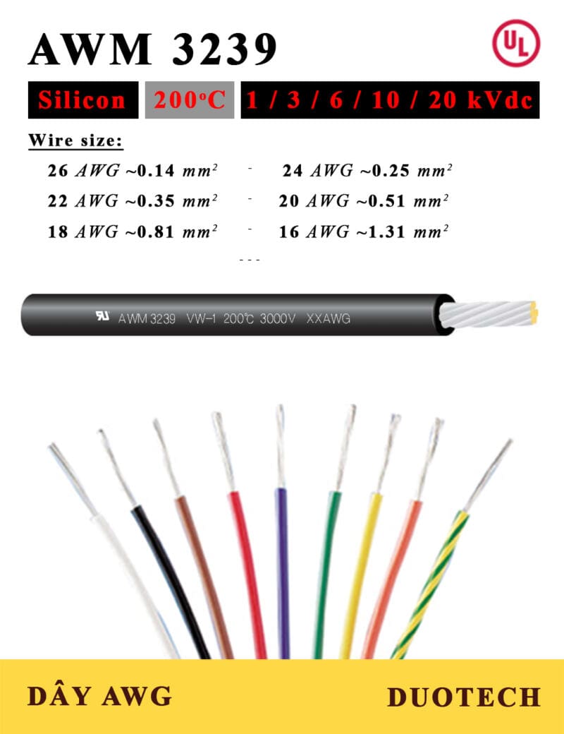 Dây điện awg silicon dẻo chịu nhiệt ul awm 3239 1 3 6 10 20 kv dc