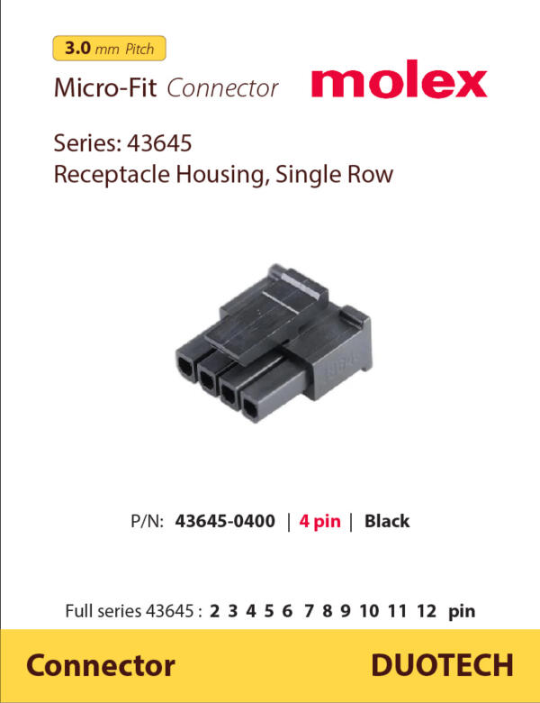 Đầu nối 4 pin MOLEX 436450400 connector Housing 1 hàng - DUOTECH